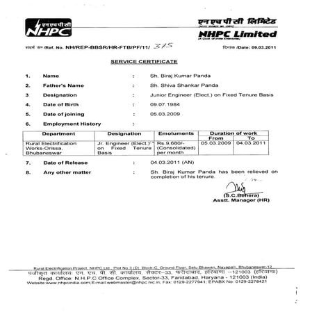 nhpc service certificate | PDF