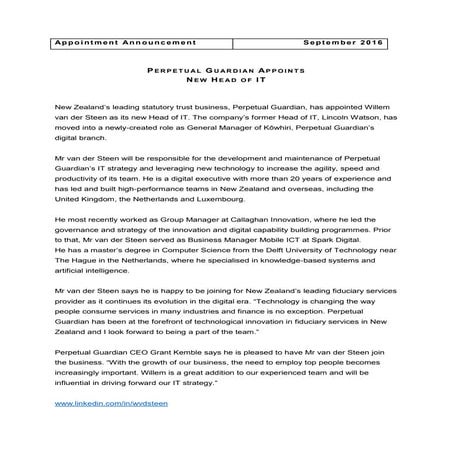 Perpetual Guardian appointment announcement Willem van der Steen ...