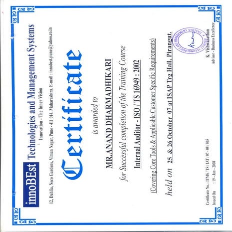 ISO TS Internal auditor certificate | PDF