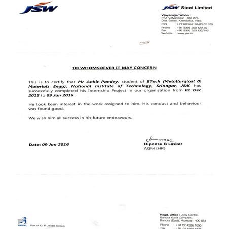 JSW Training Certificate | PDF