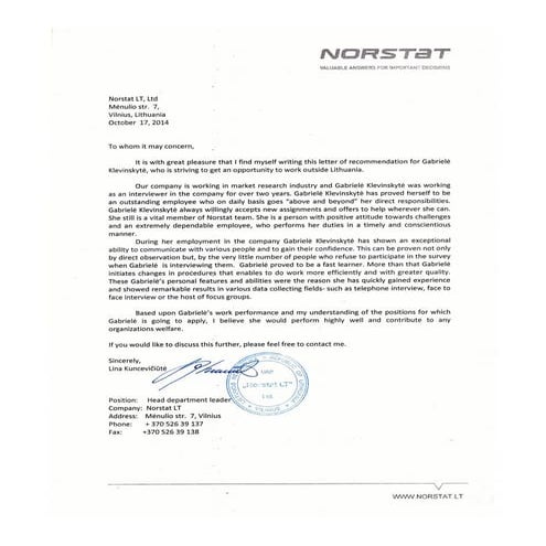 G.KLEVINSKYTE RECOMMENDATION LETTER FROM NORSTAT LTD | PDF
