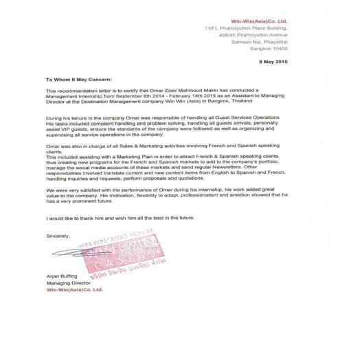 Recommendation Letter Win-Win Asia | PDF