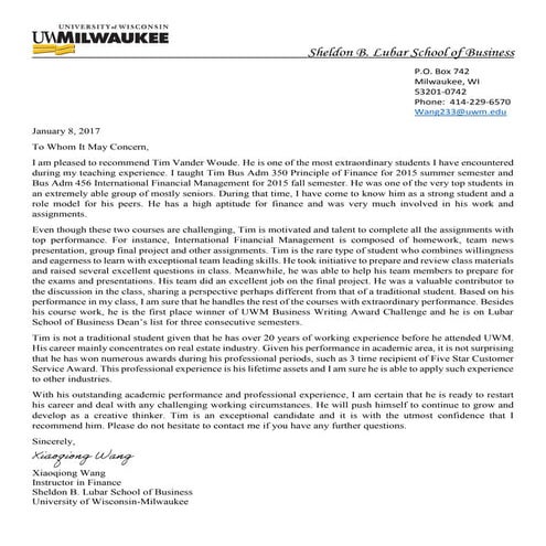UWM Corporate Finance Seminar Professor Halford letter of ...
