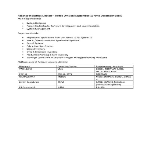 VD Thakkar RIL 1 Detailed Work Experience | DOCX