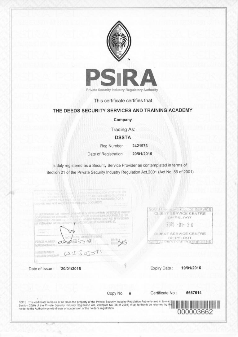 Certified PSIRA Certificate Certified PSIRA Certificate