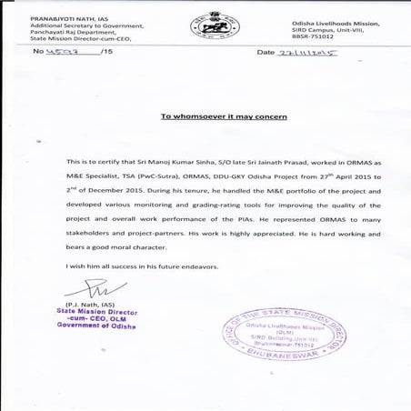 Letter of Appreciation PJ Nath IAS | PDF