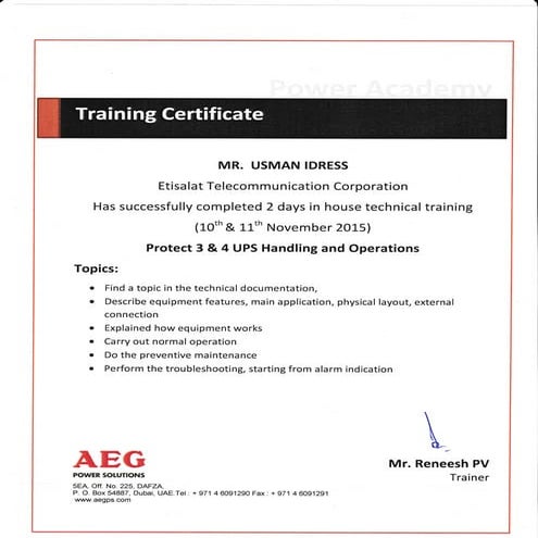 Certificate of UPS Handling & Operations by AEG | PDF