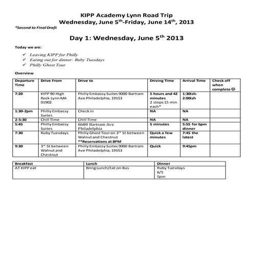 Bus Driver Itinerary 2013 | DOCX