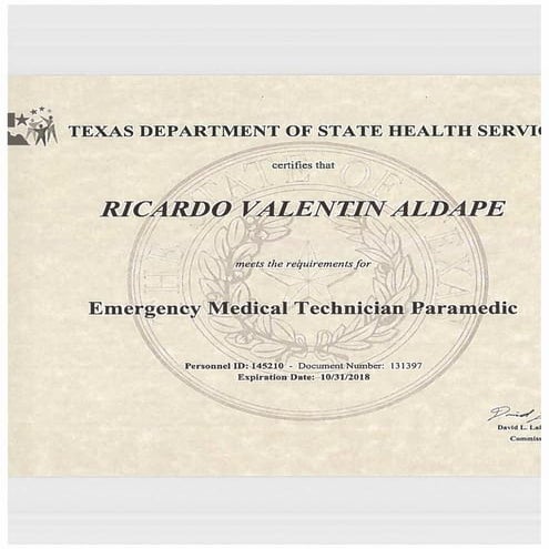 Ricardo Aldape Texas Paramedic Certification | PDF