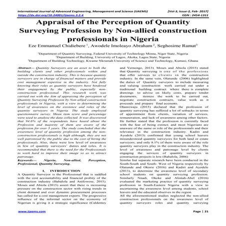 appraisal of the perception of quantity surveying profession | PDF