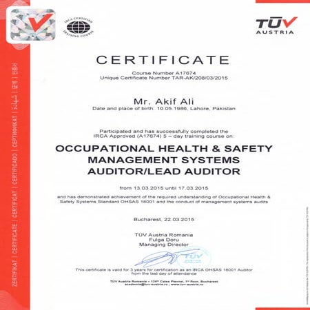 OHSAS 18001 LA Certificate | PDF