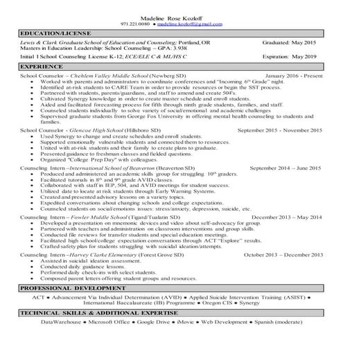 Kozloff Resume - 2016 | DOCX | Professional School | Postgraduate Education