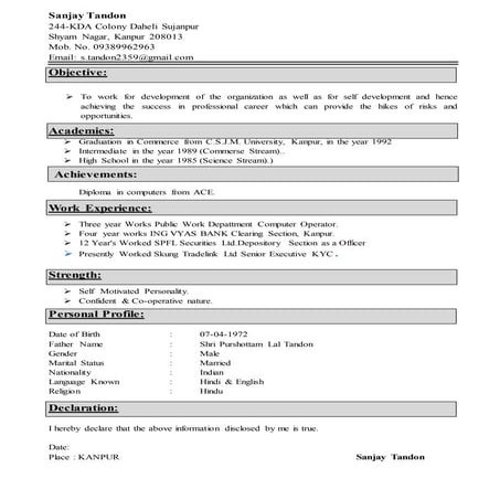 Bio Data sanjay tandon | DOCX