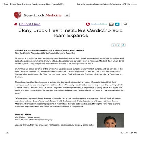 Stony Brook Heart Institute’s Cardiothoracic Team Expands | Stony Brook Medicine | PDF