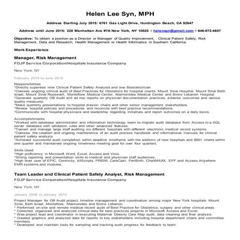 Helen Lee Syn MPH Resume 5.22.15 | Healthcare Industry | Industries