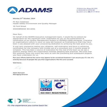 Letter to Ron Calabrese RE Acheivement of ISO 9001 October 2014 | PDF
