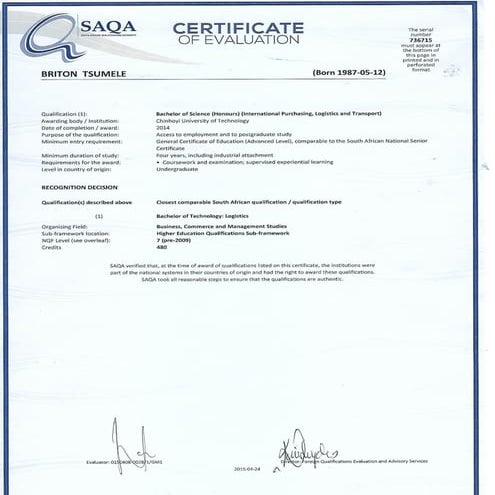 briton SAQA cert | PDF