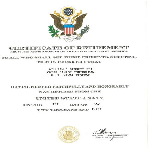 Billy Bennett Retirement Certificate USN | PDF