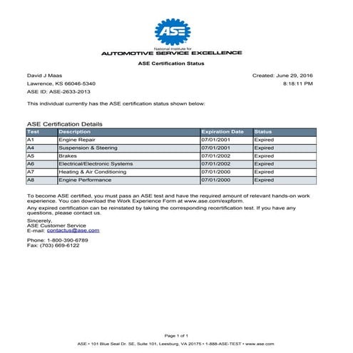 ASE_Certification_Status_David_Maas | PDF