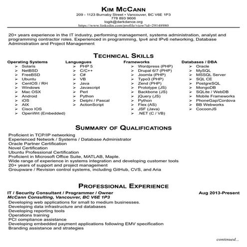 Kim McCann CV and Contractor Bio | PDF