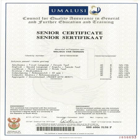 Matric certificate | PDF