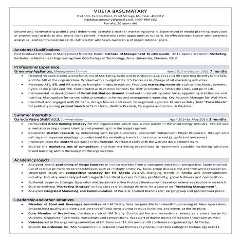Resume_Vijeta Basumatary_Marketing_IIM Trichy | DOCX | Marketing and ...