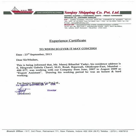 sanjay shipping certificate | PDF