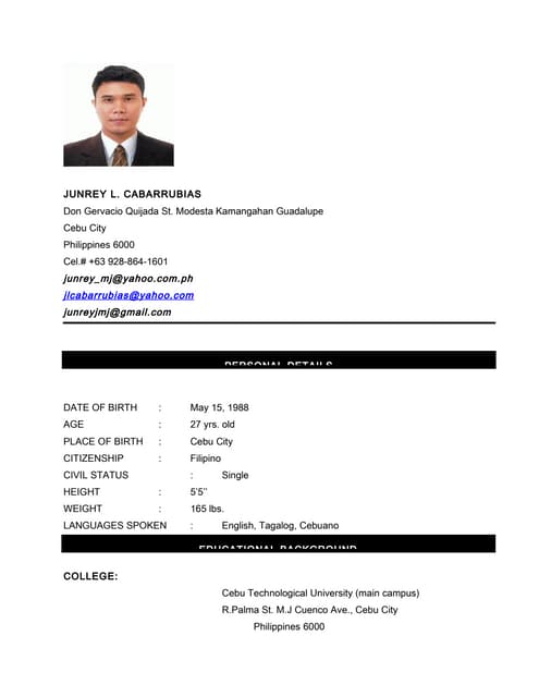 Resume for ojt / work | DOCX | Professional School | Postgraduate Education