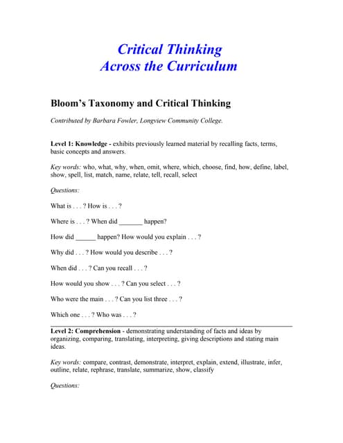 Sample questions stems based in revised Bloom's taxonomy | PDF ...
