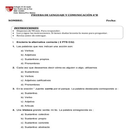 4°B Prueba de Lenguaje Ortografía y Gramática.doc