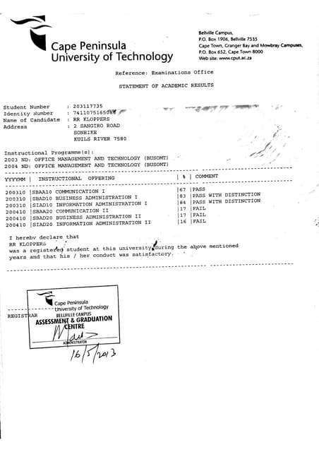 CPUT acedemic records 2015 of Phillip Michler | PDF