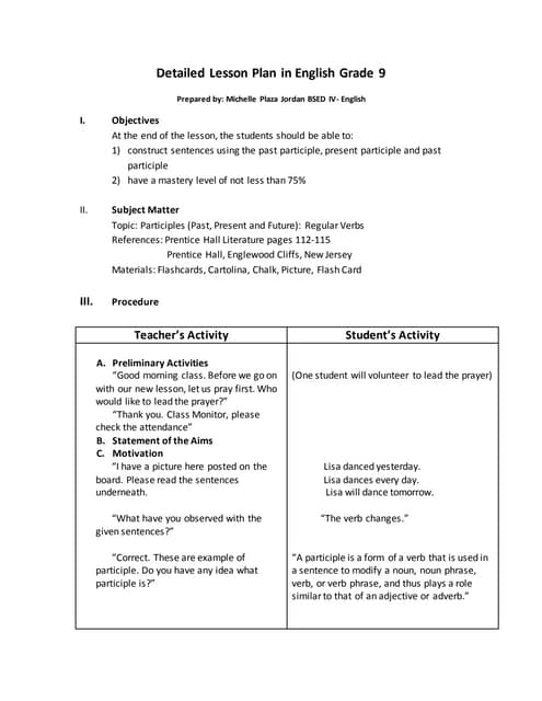 Grade 10 Lesson Plan: Simple Tenses of the Verb | DOCX