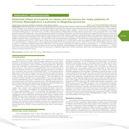 Potential Effect Of Imatinib On Some Sex Hormones For Male Patients Of Chronic Myelogenous