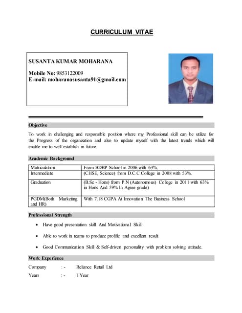 Resume for Store incharge | DOC
