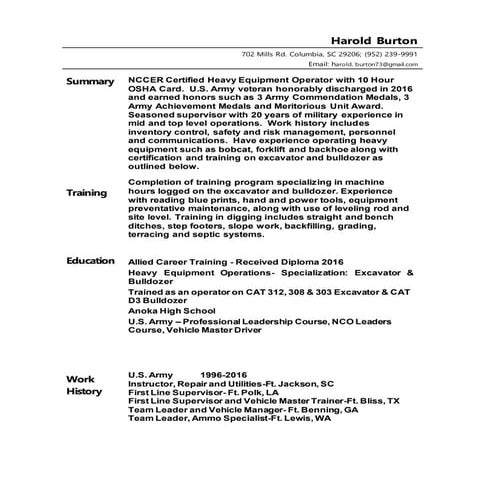 Burton, Harold Resume Heavy Equipment Operator | DOCX