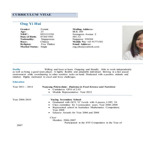 Ong Yi Hui resume | DOCX