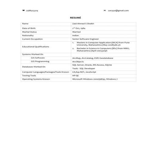 Zaid_Ahmed_Resume_30th_Oct_2015 | DOC | Databases | Computer Software and Applications