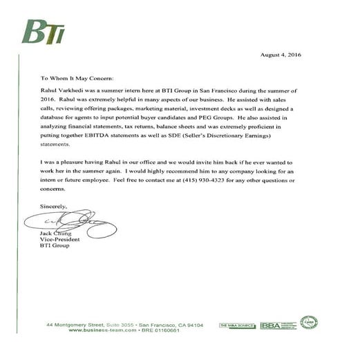 BTI Group Recommendation Letter | PDF