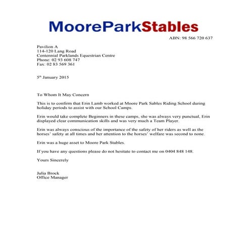 Erin Lamb Reference | DOC | Equine Sports | Sports