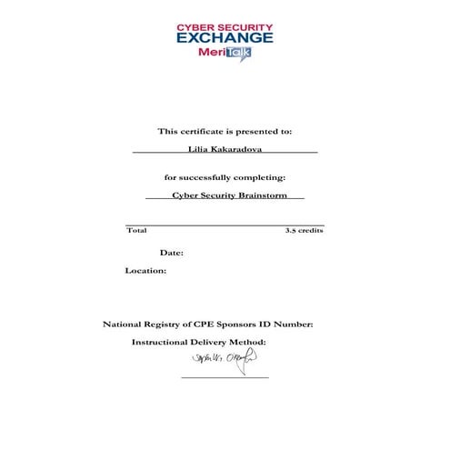 Cyber Security Brainstorm - CPE Certificate - Lilia Kakaradova | PDF