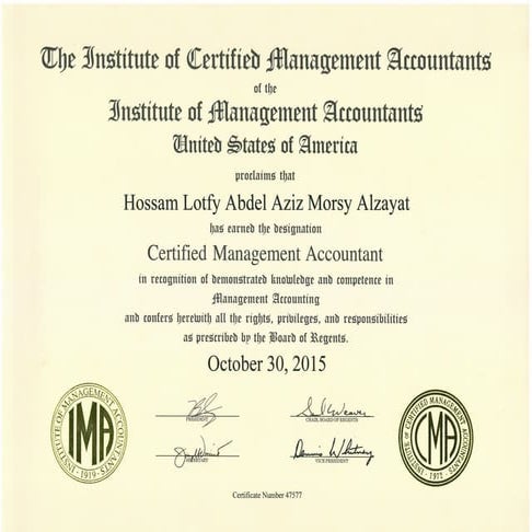 Hossam Alzayat's CMA Certificate | PDF