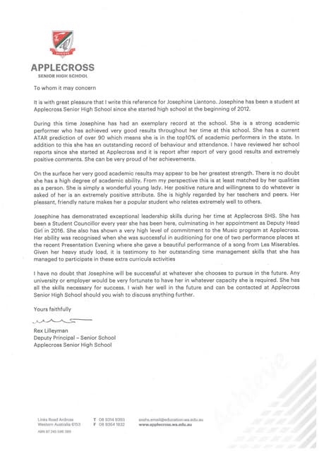 Josephine Liantono's Reference Letter from Ms. Emma Walker | PDF