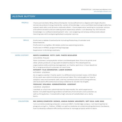 Alistair Buttery CV | DOCX | Computing | Technology & Computing
