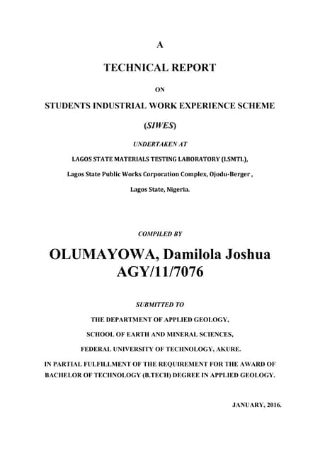 SIWES TECHNICAL REPORT SAMPLE | PDF