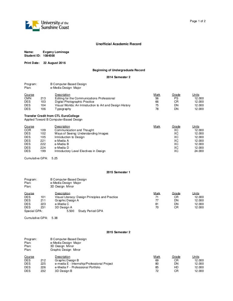 7 Academic Transcript Bachelor In Computer Based Design Usc 