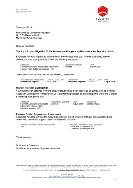 Assessment Letter by The Australian Computer Society Inc. (ACT) | PDF