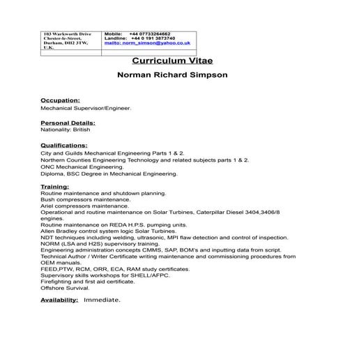 Stewart Spence Maintenance Manager CV 2015 | DOCX