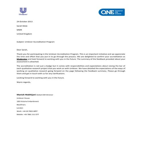 Unilever accreditation Summary | PDF