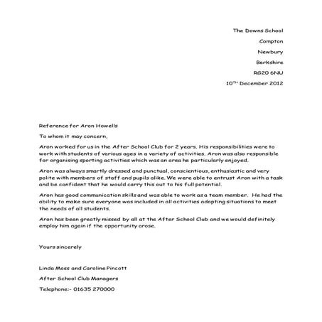 after school club reference | DOCX