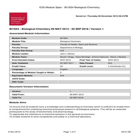 ICIS Module Spec - BI1S54 Biological Chemistry | PDF | Chemistry | Science